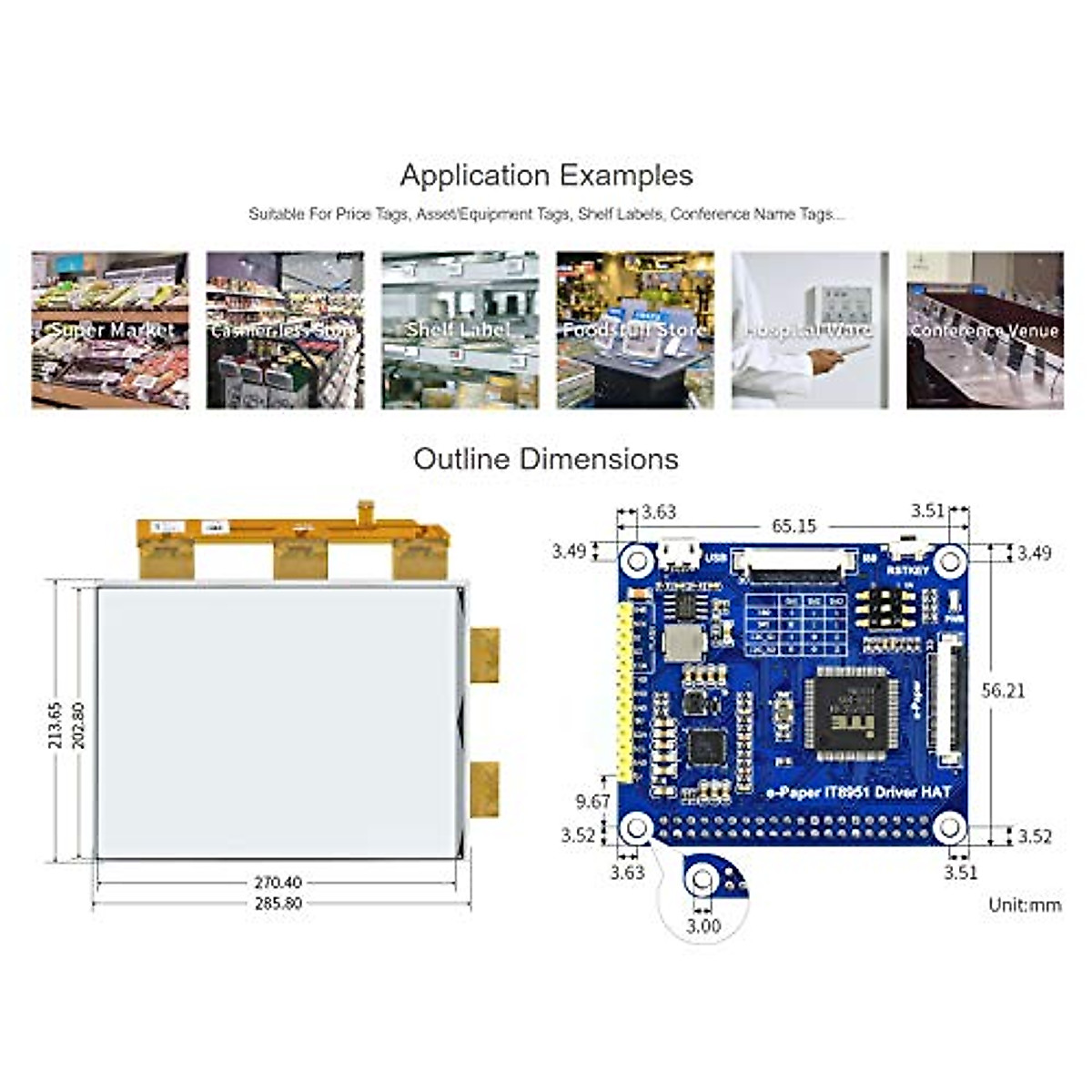 Waveshare 13.3inch E-Paper E-Ink Display HAT Compatible with Raspberry Pi4B/3B+/3B/2B/B+/A+/Zero/Zero W/WH/Zero 2W 1600×1200 Pixels Black/White 2-16 Grey Scales USB/SPI/I80 Supports Partial Refresh