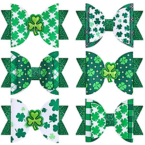 Whaline 6Pcs St. Patrick's Day Hair Bow Clips Glitter Shamrock Leather Bow Hair Pins Green Clover Bow Alligator Hair Barrettes for Toddlers Teens Girls Kids Irish Holiday Party Hair Accessories