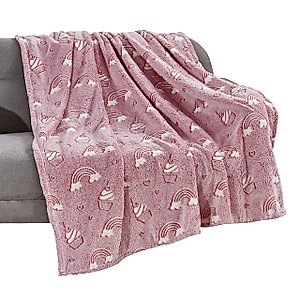Elegant Comfort Glow in The Dark Lightweight Throw Blanket - Ultra Soft, Fuzzy and Cozy Luminous Blanket - All Season Decorative for Kids Throw Blankets, 50 X 60 inches, Pink Rainbow