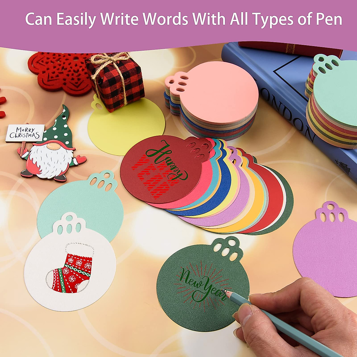 300 Pieces Round Bauble Hanging Gift Tags Blank Christmas Tree Labels Multicolor Round Gift Tags 2.7‘’ x 3.5" Round Bauble Hanging Cutout Ornament for DIY Crafts Xmas Holiday Party Decor,15 Colors