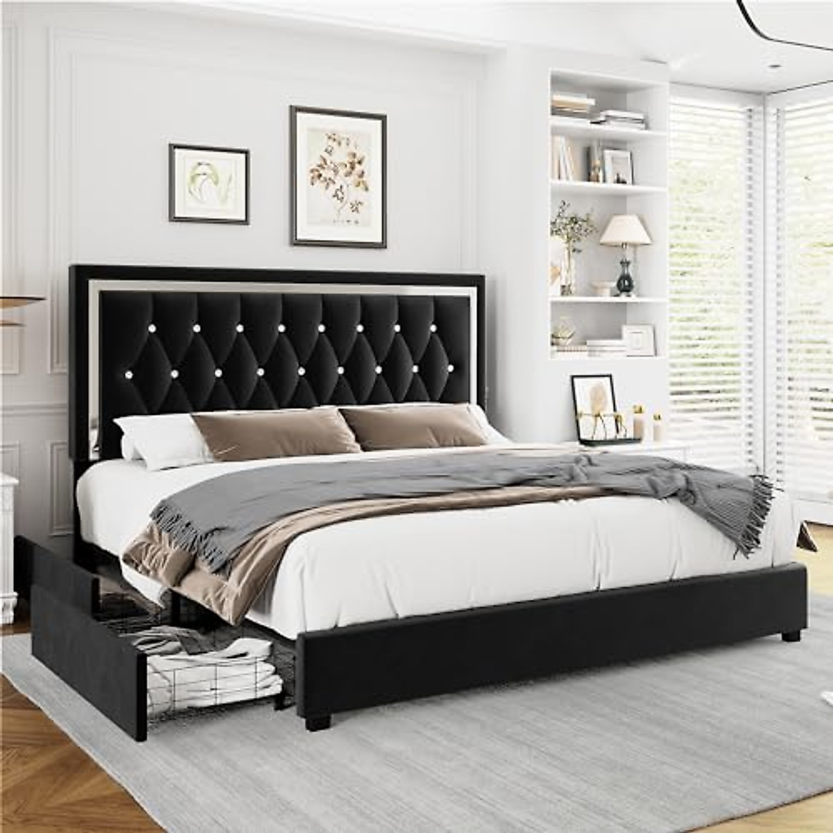 HITHOS Queen Size Bed Frame with 4 Storage Drawers and Adjustable Headboard, Modern Upholstered Platform Bed with Wood Slat Support, Diamond Button Tufted Design, No Box Spring Needed (Black, Queen)