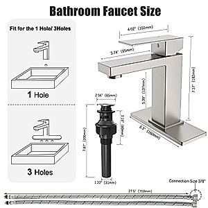 Homfan Brushed Nickel Bathroom Sink Faucet for 1 or 3 Holes with Pop Up Drain Stopper & Water Supply Hoses No-Lead Modern Single Handle Bathroom Faucet (Deck Plate Included)