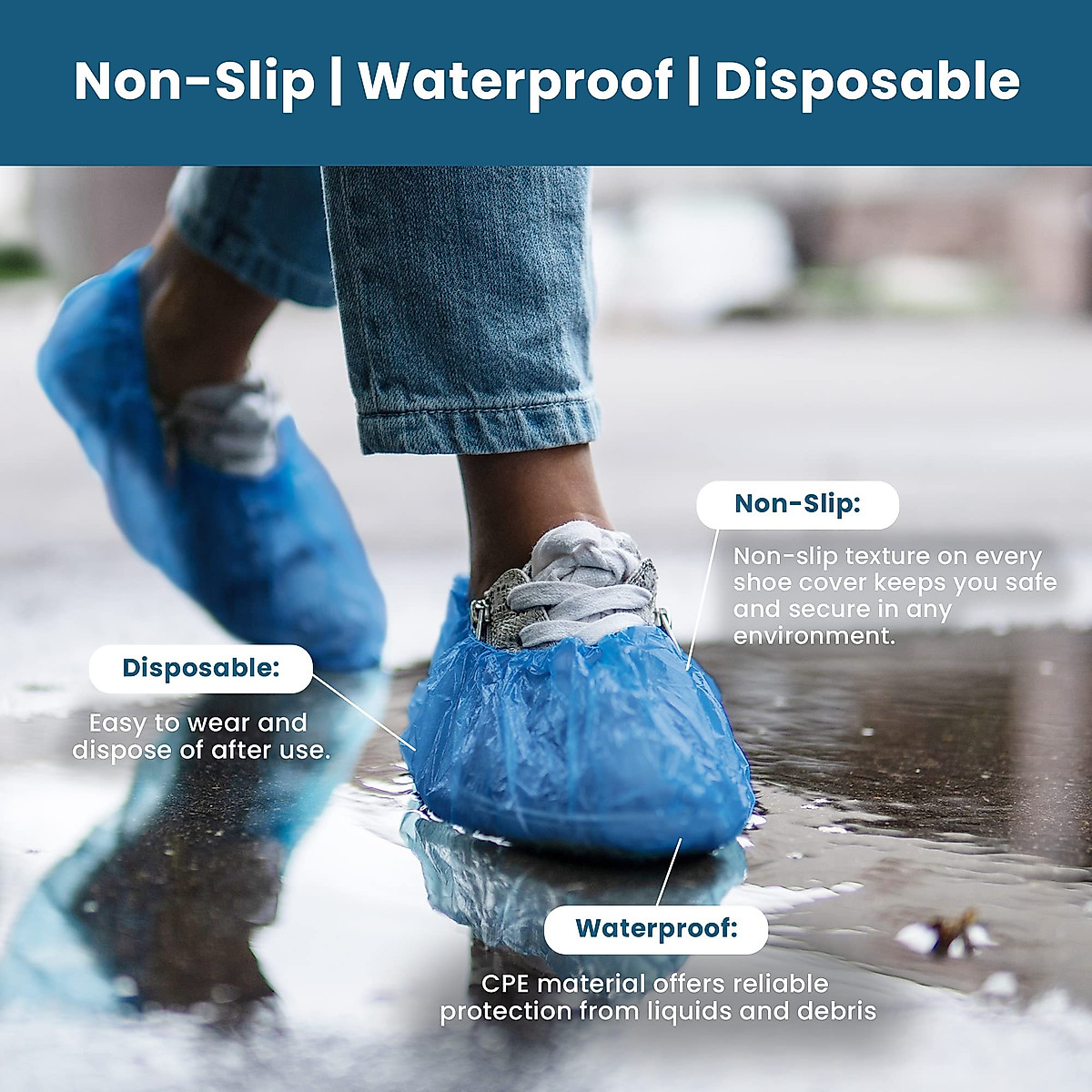 Reli. Shoe Covers, Disposable | 50 Pack (25 Pairs) - One Size Fits All | Non Slip, Disposable Shoe Covers for Indoors | Disposable Booties Shoe Protector - Waterproof, Plastic Single Use | Blue