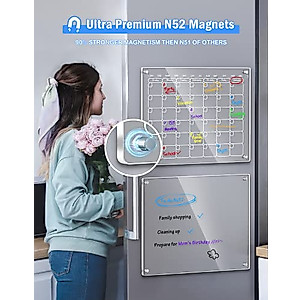 Acrylic Magnetic Dry Erase Calendar Board for Fridge, 16''x12'' Monthly Calendar&Blank Dry Erase Board for Fridge, 90% Stronger-Magnetic Whiteboard Planner Also for Stainless Steel 6 Markers 1 Eraser