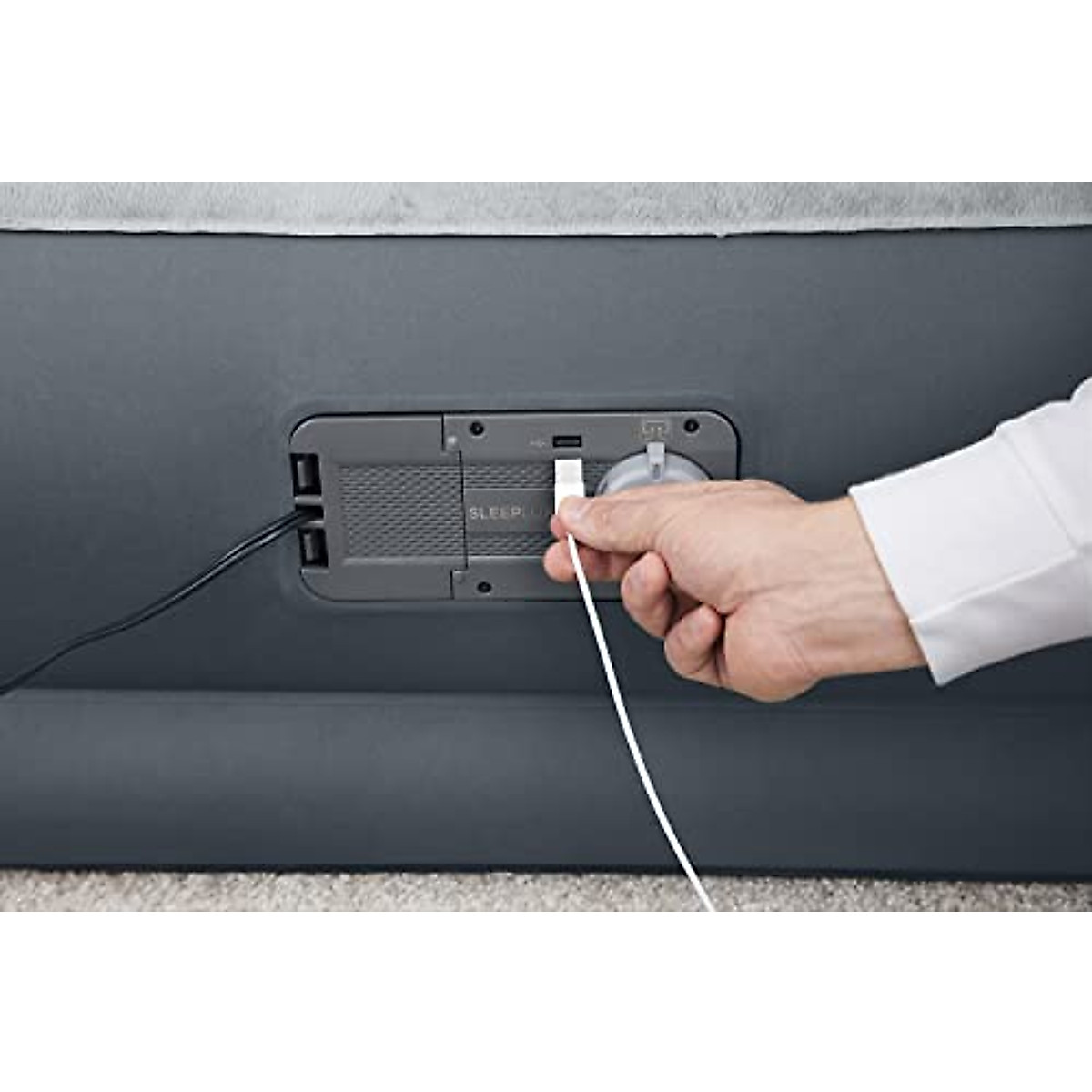 SLEEPLUX Queen Air Mattress with Headboard | Supersoft Snugable Top, Extra Durable Tough Guard | Raised Airbed with Built in Pump + USB Charger (90"x60"x29") Grey