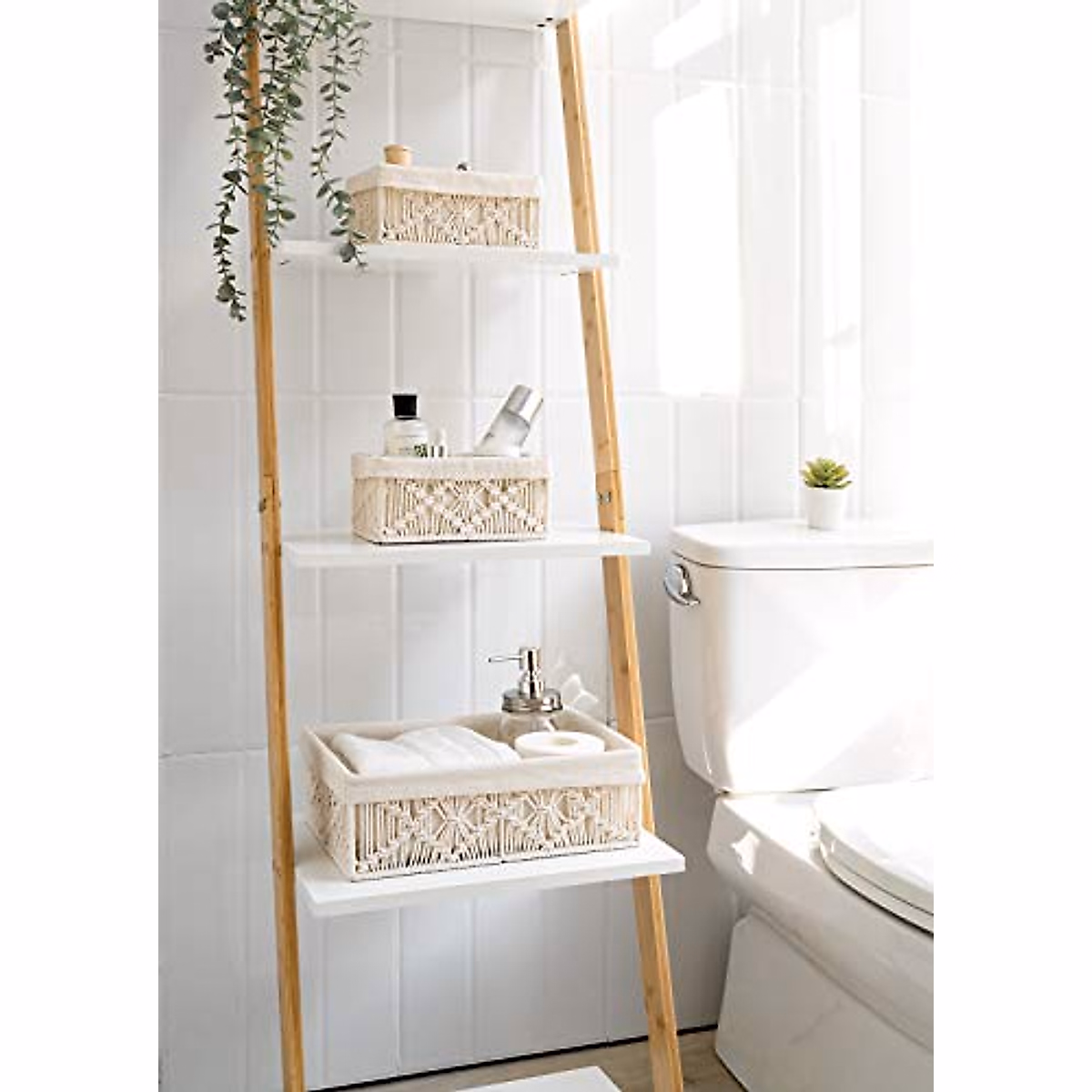 Mkono Macrame Storage Baskets Decor with Removable Cloth Liner Boho Storage Bins Handmade Woven Decorative Countertop Shelf Cabinet Organizer for Bedroom Nursery Living Room, Set of 3