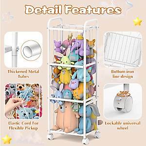 Stuffed Animal Storage, Metal Tube Toy Storage Organizer Extra Large Stuffed Animal Holder With Brake Wheels, Stuffed Animal Zoo Organizer For Nursery Playroom Kids Room White(53.5” x 18.1”x 13”)