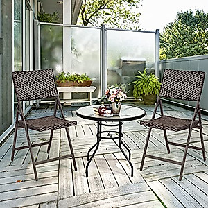 Tangkula 2 Pieces Patio Rattan Folding Dining Chairs, Outdoor Wicker Folding Chairs with Anti-Rust Steel Frame, Portable Patio Furniture Bistro Chairs for Garden, Poolside and Backyard