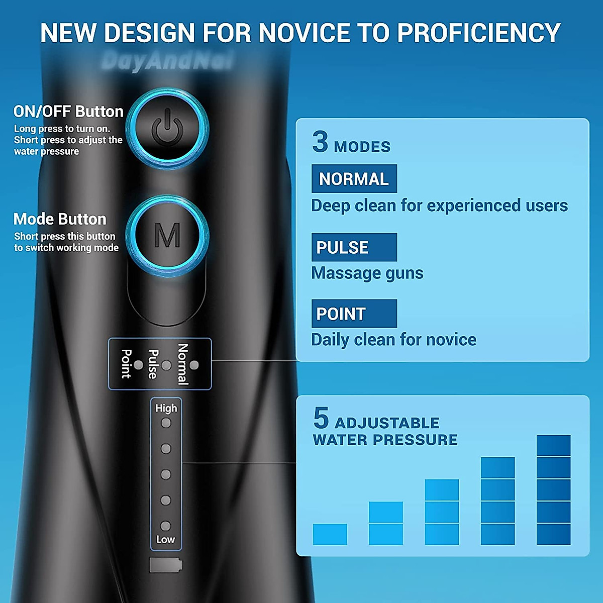 Professional Cordless Water Dental Flosser - DayAndNai Portable Waterproof Teeth Cleaner Picks USB Rechargeable Oral Irrigator for Home Travel Braces with 5 Flossing Tips 3 Modes,Black