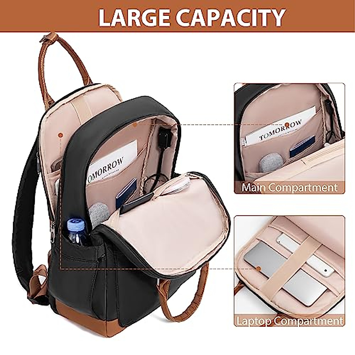 LONG VACATION Women's 15.6 Inch Laptop Bag, Fashion Laptop Backpack with USB Port, Casual Daypacks for Work (BLACK & BROWN, 15.6 inch)