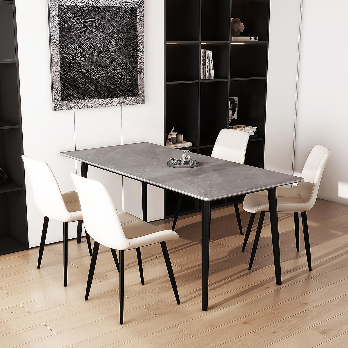 AmoUnico 63 inch Marble Sintered Stone Dining Table, Rectangular Modern Dinner Table for 6-Seat with Metal Legs, Restaurant Table for Living Room (Gloss Grey, Slanted Legs)