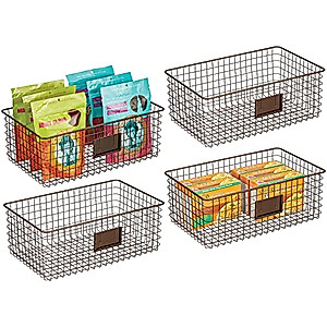 mDesign Metal Wire Storage Organizer Bin Baskets with Label Slot for Kitchen Pantry and Shelves - Wired Organization Holder for Food, Chips, Drinks, Omaha Collection, 4 Pack, Bronze