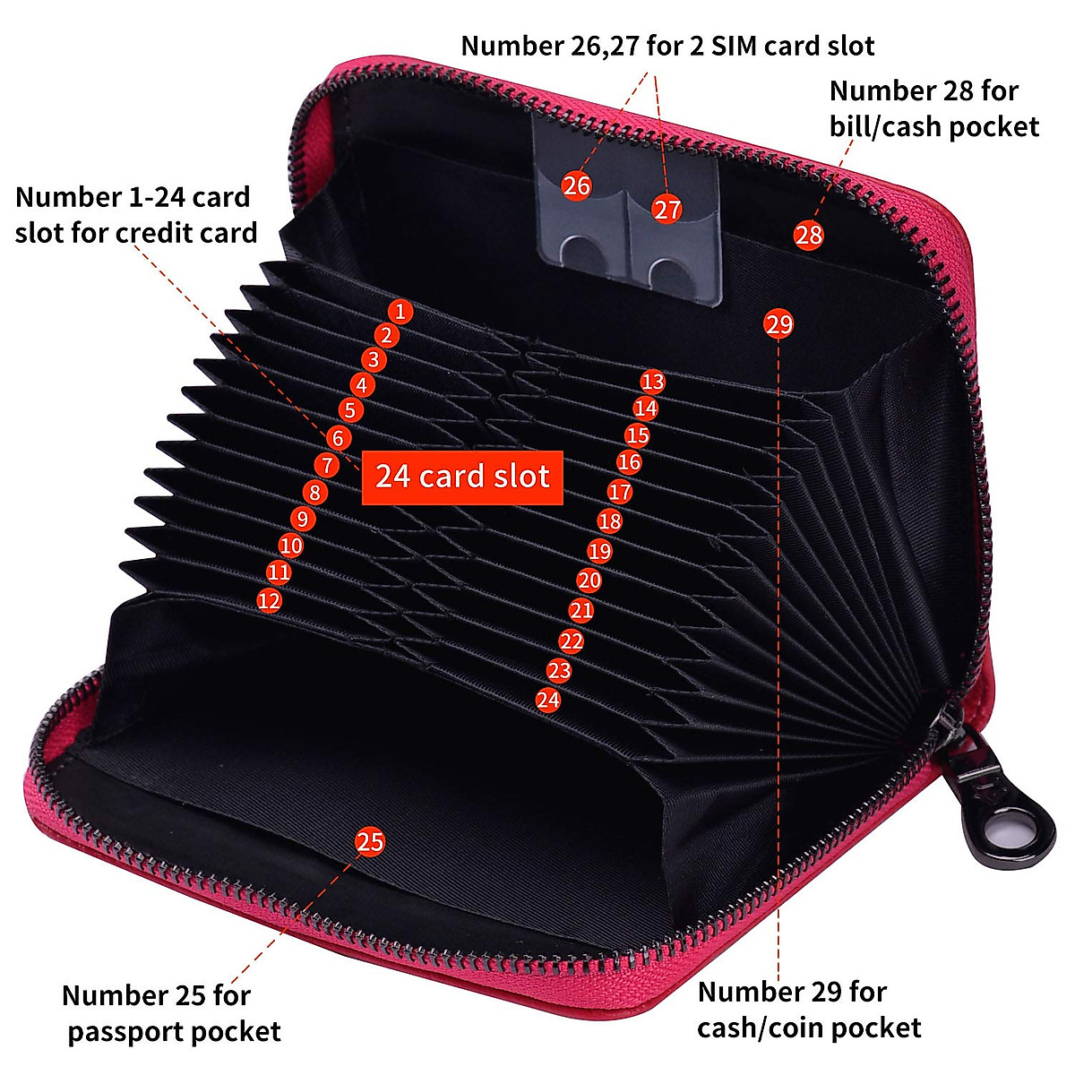 Genuine Leather Credit Card Holder Case RFID Card Wallet Travel Passport Wallet for Women 24 card slots (rose)