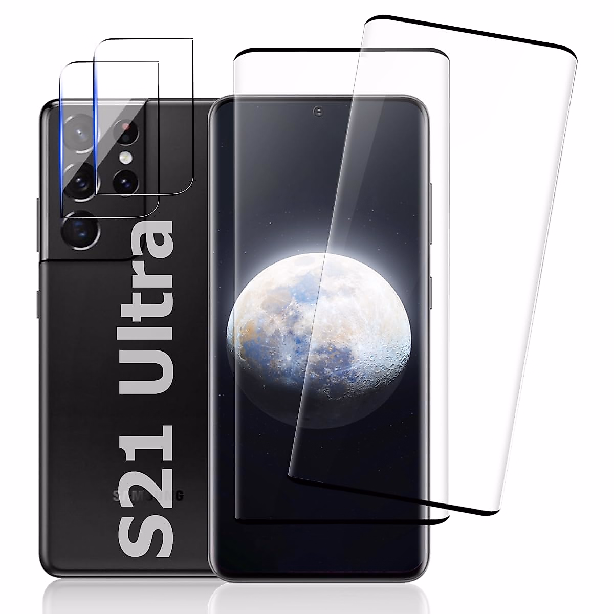 [2+2 Pack] S21 Ultra 5G Glass Screen Protector, HD Clear 9H Tempered Glass Scratch Resistant, Fingerprint Unlock, 3D Curved, Bubble-Free for Samsung Galaxy S21 Ultra Glass Screen Camera Protector (6.8