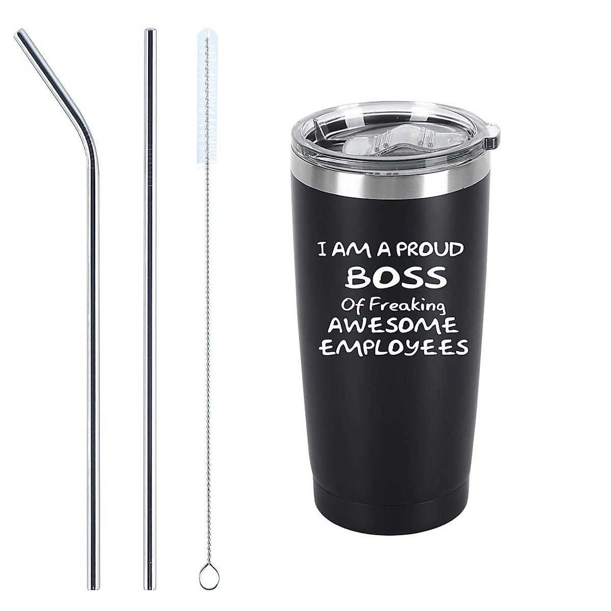 Cosictic I Am A Proud Boss Of Freaking Awesome Employees Travel Tumbler, Funny Birthday Bosses Day Gift for Men Boss Manager Director Leader, 20 Oz Insulated Stainless Steel Tumbler with Lid, Black