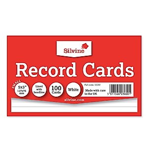 Silvine 5x3 Record Cards - Lined with headline, 100 cards per pack. Ref 553W (127 x 76mm)