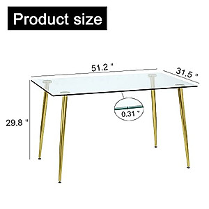 POULEII Glass Dining Table,Modern Minimalist Rectangular Table with Tempered Glass Tabletop and Golden Chrome Metal Legs for 6-8, Space Saving Dining Table for Kitchen Dining Room