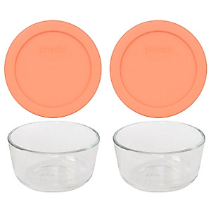 Pyrex (2 7202 Glass Bowls & (2) 7202-PC Bahama Sunset Orange Lids Made in the USA