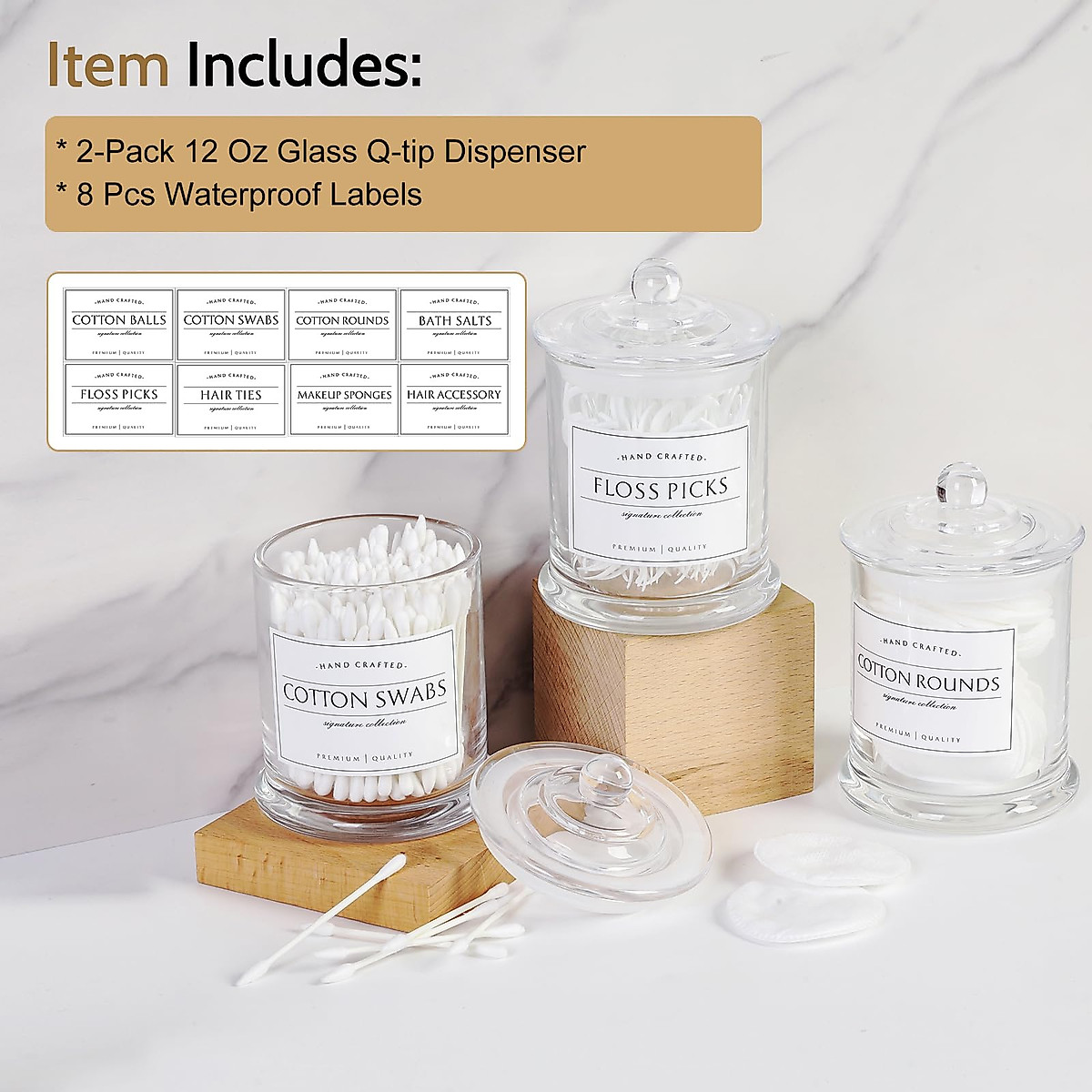 Volisnova 2 Pack Farmhouse Apothecary Jars with Lids - Glass Qtip Dispensers and Cotton Ball Holders for Bathroom Vanity Storage and Organization with 8 Pcs Wterproof Labels (Clear Glass)