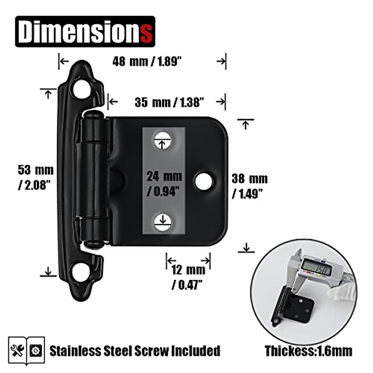 JQK 1/2 Inch Overlay Cabinet Door Hinges Black, 20 Pack 10 Pairs Flush Face Mount Cupboard Self-Closing Kitchen Cabinet Hinges with Door Bumper, CH200-BK-P20