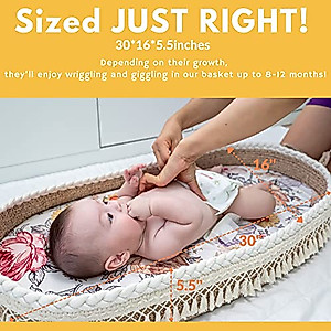 Baby Changing Basket Set w. Diaper Caddy Organizer Macrame Boho Moses Basket for Babies, Handmade 100% Cotton Rope, Woven Portable Nursery Decor Waterproof Pad & Floral Pad