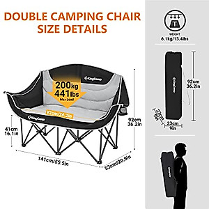 KingCamp Double Camping Chair Loveseat Heavy Duty for Adults Two Person Outdoor Folding Chairs with Cup Holder Wine Glass Holder Support 441lbs for Outside Picnic Beach Travel(Black)