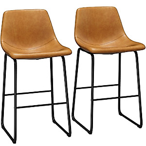 Shahoo 29 inch Industrial Bar Stools Set of 2, Faux Leather Dining Chairs with Metal Legs and Footrest, Counter Height Barstools with Back for High Table Kitchen Island, Light Brown