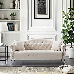 LIADTOP, 78.7" Classic Chesterfield Velvet Sofa Contemporary Upholstered Couch with Button Tufted and Rolled Arms, 2 Pillows Included, 3 Seater, Beige