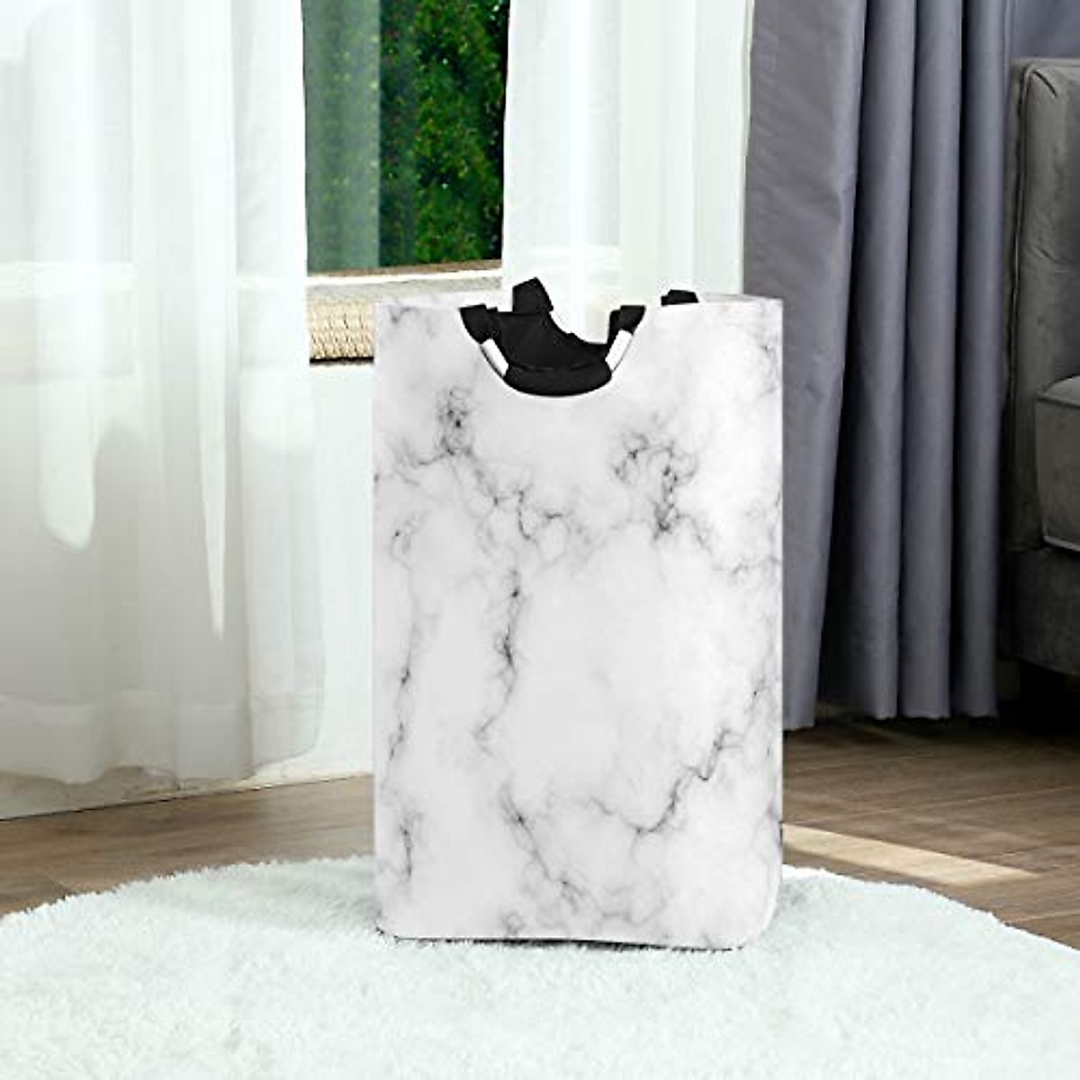 Moudou Marble Laundry Basket Foldable Laundry Hamper Large Clothes Toys Basket with Handles for Laundry Room, Bathroom, Bedroom, Dorm