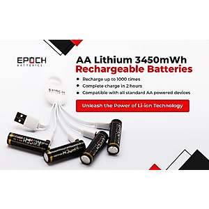 EPOCH AA Battery 1.5V AA Lithium ion Batteries 3450mWh High Capacity with Micro USB Cable, 2 Hours Quick Charge USB AA Rechargeable Batteries 4 Packs