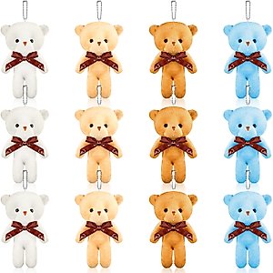 Chivao 12 Pieces Joint Mini Bears Toy Plush Bear Baby Shower Decorations Stuffed Animals Soft Tiny Bears Doll Small for Birthday Cake Wedding Ornaments Keychain DIY Accessory (Boy Bow Style)