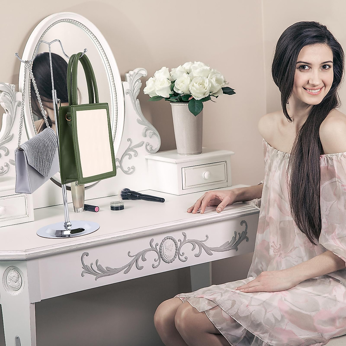 Nuenen 4 Pcs Double Hook Purse Display Stand Adjustable Stainless Steel Handbag Display Stand Metal Freestanding Bag Stand Holder for Purse Hat Wig Handbag