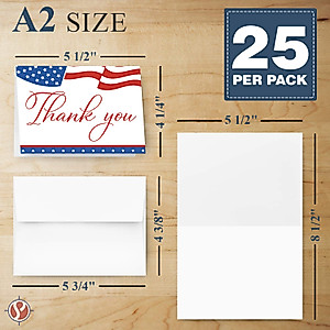 Patriotic Thank You Voting Cards with Envelopes, American Flag July 4th USA Greeting Cards | A2 Size – 4.25 x 5.5” Cards When Folded | 80lb (216gsm) Cardstock | 25 Cards and 25 Envelopes Per Pack