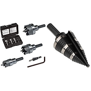 Klein Tools Hole Cutter Kit + Step Drill Bit | 4-Piece Carbide Hole Cutter Set with Pilot Bit and 3/8 in. Hex Shank Double Fluted Step Drill Bit