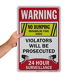 SmartSign 18" x 12" 'Warning - No Dumping, Minimum Fine USD 500, Violators Prosecuted, 24 Hour Surveillance' Metal Sign, 63 mil Aluminum, 3M Laminated Engineer Grade Reflective, USA-Made