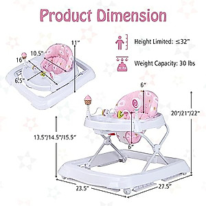 HONEY JOY Baby Walker, Foldable Toddler Walker with Toys, Learning-Seated or Walk-Behind for Boys and Girls, Adjustable Height, High Back Padded Seat, Infant Activity Walker with Wheels (Pink)