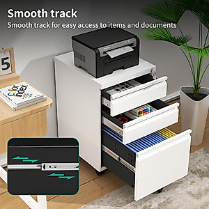 VIYET 3 Drawers Mobile File Cabinet, Rolling File Cabinets Fully Assembled Under Desk, Metal Filing Cabinet with Lock for Home Office Organizer Letters/Legal/A4 (White)