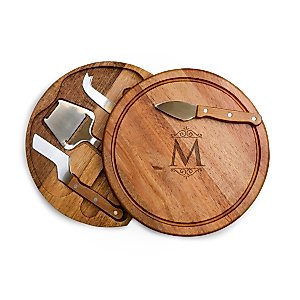 TOSCANA - a Picnic Time brand Personalized Monogram Initials Acacia Circo Cheese Cutting Board & Tools Set, 10.2 x 10.2 x 1.6, Letter M