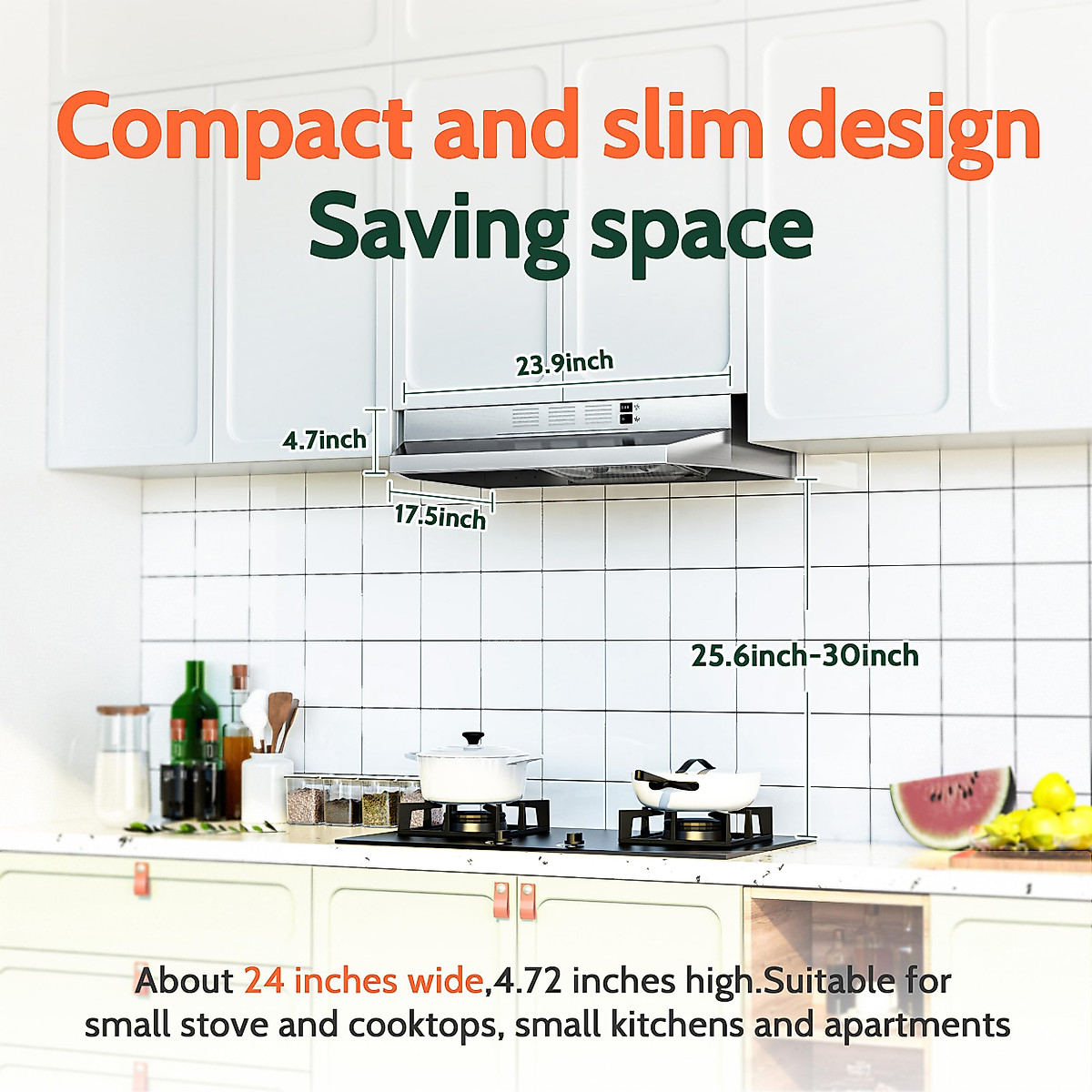 FIREGAS 24 inch Range Hood Under Cabinet, 300CFM Ducted/Ductless Convertible Kithen Hood in Stainless Steel with 2 watt LED Light and Filter, 2 fan speeds, hassle-free installation