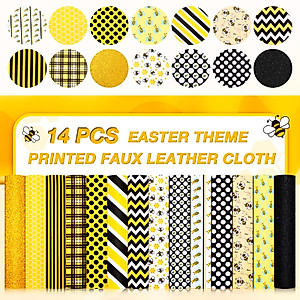 14 Pcs Faux Leather Sheets Summer Fruit Lemon Bee Printed Synthetic Leather Sheet Glitter Faux Leather Fabric Sheet for Earrings Headbands Making, 8.3 x 6.3 Inch(Bee)