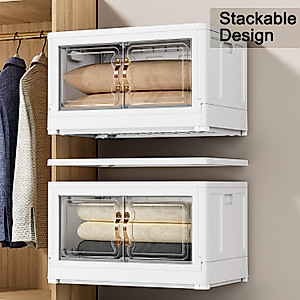 Karramlili Stackable Storage Bins With Lids and Doors 4Pack, 20Gal Collapsible Plastic Closet Organizers and Storage, Large Size Folding Storage Box Containers With Wheels for Home Kitchen Office