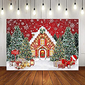 Mocsicka Christmas House Backdrop Christmas Candy House Snowflake Wonderland Pine Tree Photography Background for Kids Vinyl Cookie Exchange Kids Theme Birthday Party Decoration Banner (7x5ft)