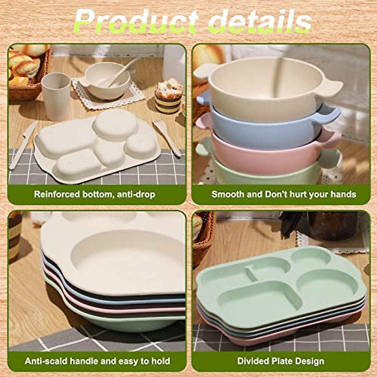 24 Pcs Wheat Straw Dinnerware Cutlery Set Including Kids Toddlers Divided Plates Microwave Dishwasher Safe Bowl Unbreakable Tableware Straw Cutlery Spoon Knife Fork Cup (Beige/Pink/Green/Blue)