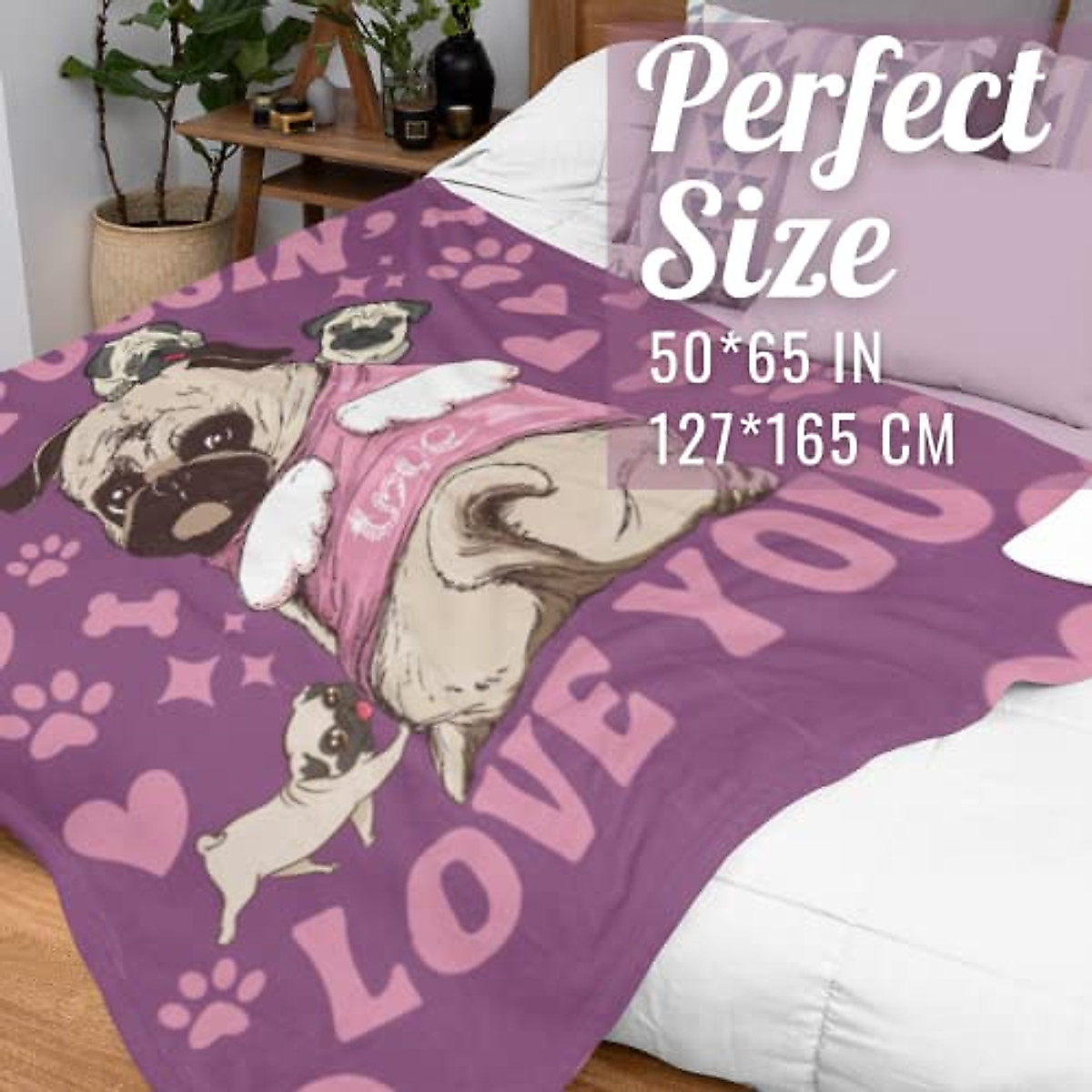 InnoBeta Pug Blanket, Pug Gifts, I Puggin’ Love You, Pug Flannel Blanket for Pug Lovers, Soft Throw Blanket for Women, Girlfriend, Besties, Wife, Bed, Sofa Blanket 50"x 65"