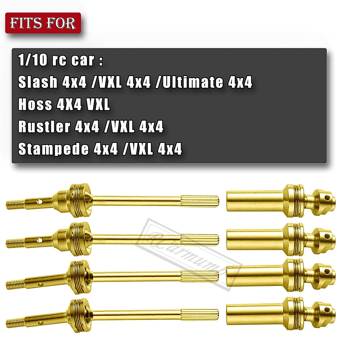Rcarmumb CVD Upgrades Part for 1/10 Rustler VXL 4X4,Stampede VXL 4X4,Slash VXL 4X4 Platinum Ultimate,Hoss VXL 4X4 4WD RC, Alloy Front Rear Stainless Steel #45 Axle with Red Hex,Gold