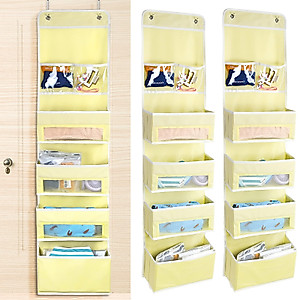 FGSAEOR 5 Layers Over The Door Organizer - 2 Pack Nursery Closet Organizers Baby Storage with 4 Foldable Big Pocket Storage,Clear Window PVC Pocket for Pantry,Toys and Sundries - Beige