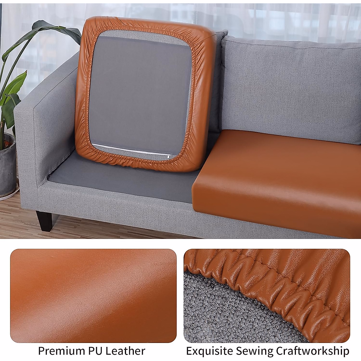 YISUN PU Leather Couch Cushion Sofa Cover, Waterproof Stretch Couch Cushion Slipcovers, Faux Leather Sofa Slipcovers Loveseat Couch Replacement Chair/Furniture Protector,3 Pack,Light Brown