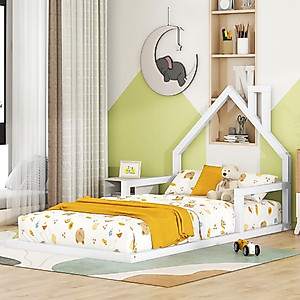 Floor Bed for Kids, Twin Size Montessori Bed with House Shape Headboard and Railings, Wood House Bed with Slats for Boys Girls, Low to Ground Height, No Box Spring Needed, White