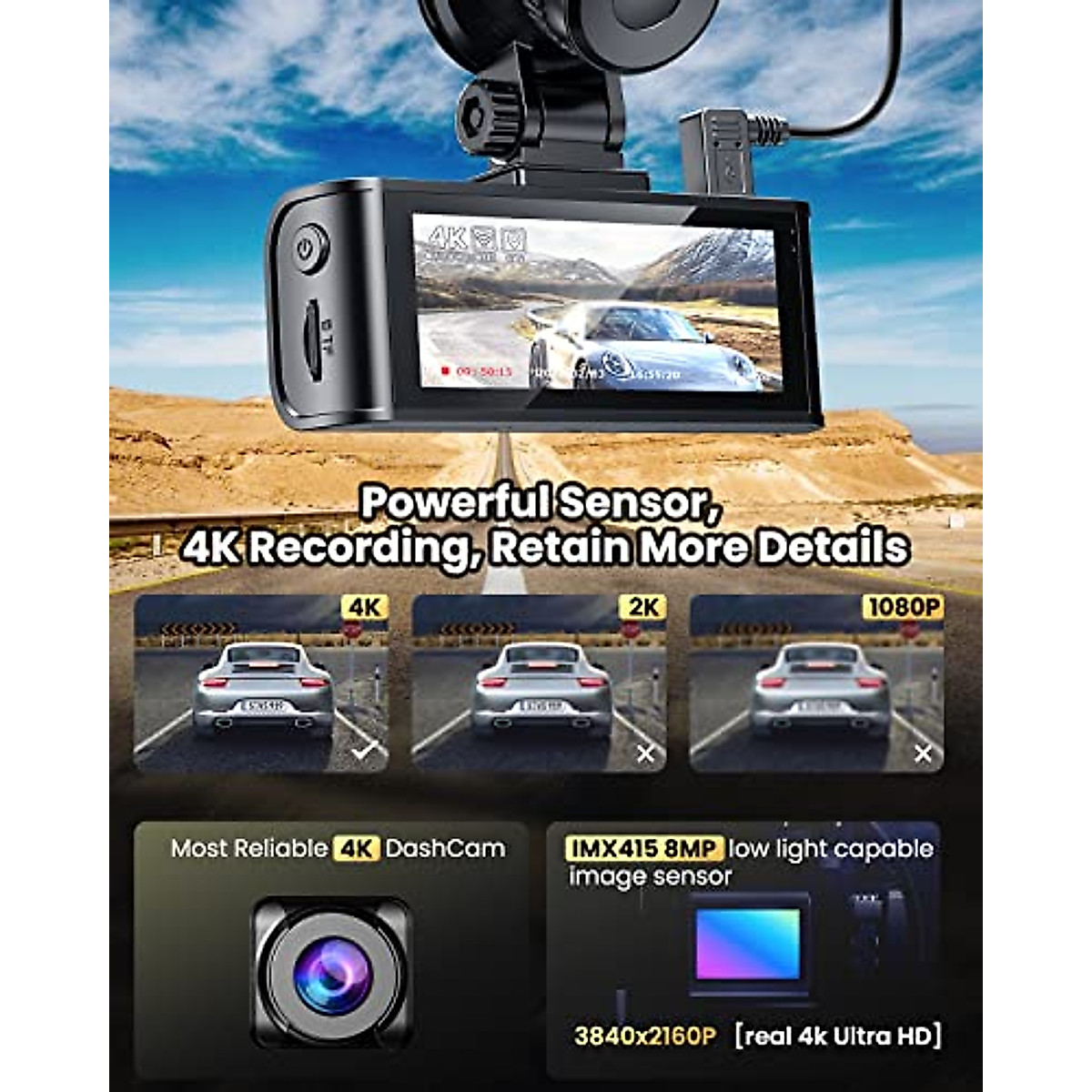 Blueskysea 4K Dual Dashcam with 32G TF Card, Front Rear Dash Camera Built-in GPS WiFi, Front 4K and Rear 1080P Dual Car Camera,3.16" Display,150° Wide Angle Car Camera with Sony-STARVIS Sensor
