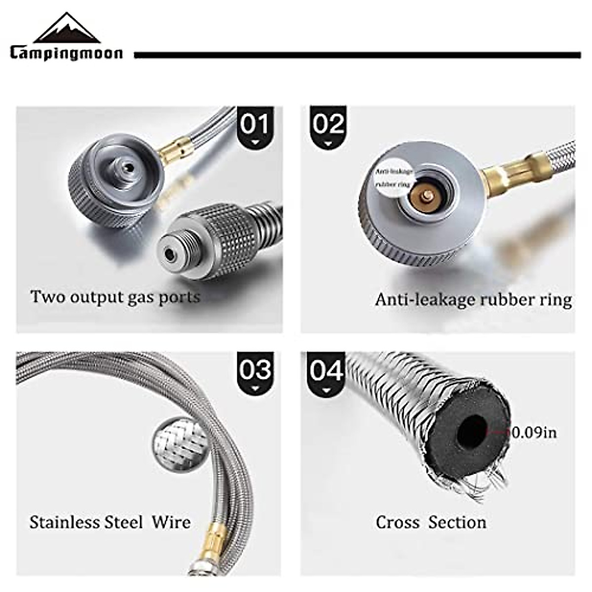 Campingmoon 13 Ft Stainless Braided Propane Adapter Hose, Input: EN417 Lindal Valve Canister, Output: Two En417 Lindal Valve (male thread), Application: EN417 Lindal Valve Canister And Device,Z28-33